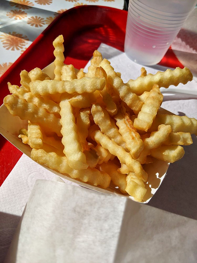Crinkle-cut fries that snap with each bite. These aren't trying to be gourmet truffle fries—they're perfectly content being exactly what you're craving.