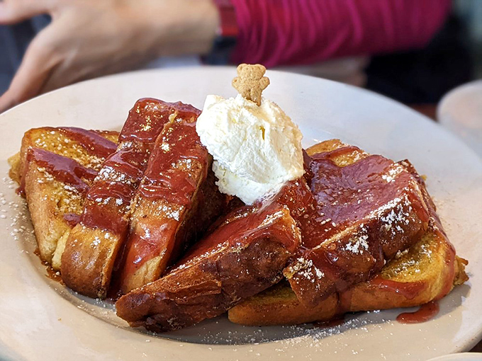 French toast transformed into something that makes you wonder if breakfast is actually dessert's underachieving cousin finally living up to its potential.