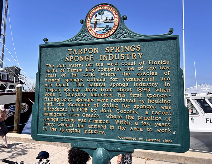 This historical marker tells the fascinating story of how Greek immigrants transformed Tarpon Springs into America's sponge capital—history cast in metal.