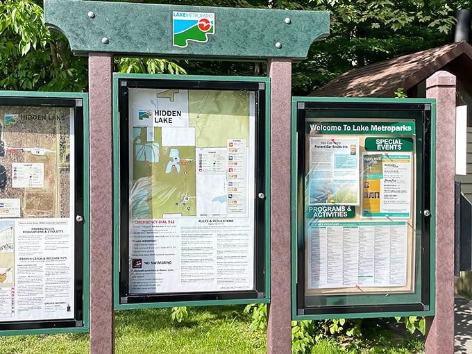 The gateway to adventure starts here. Information boards offer maps and guidance, though the real Hidden Lake experience can't be contained behind glass.