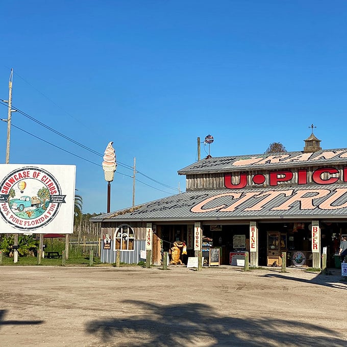 This old-school citrus stand looks like it hasn't changed since the 1950s. The ice cream cone sign promises sweet relief from Florida's relentless sunshine.