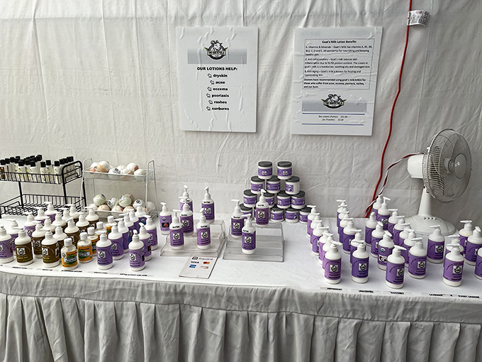 Lotions, potions, and skincare solutions line this pristine display—desert dwellers know good moisturizer isn't just nice, it's necessary.