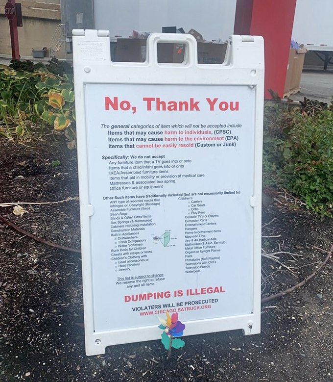 The "No, Thank You" donation guidelines—a gentle reminder that even thrift stores have standards and dumping is never in fashion.