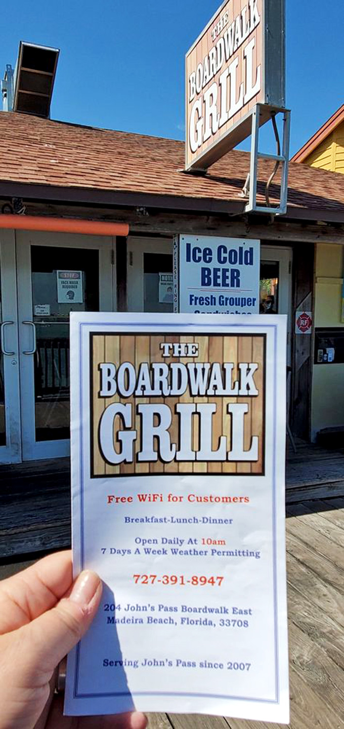 The menu in hand reveals the Boardwalk Grill has been serving John's Pass since 2007 – relatively young in restaurant years, but already a beloved institution.