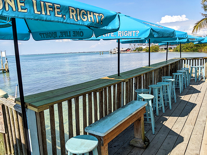 One Life, Right? ask the turquoise umbrellas, as if any reasonable person would disagree with this waterfront setup. Florida doesn't get more authentic than this.
