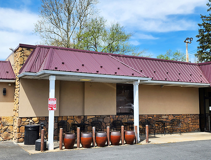 Even the exterior patio with its decorative pots says, "Slow down, friend – good food and conversation are meant to be savored."