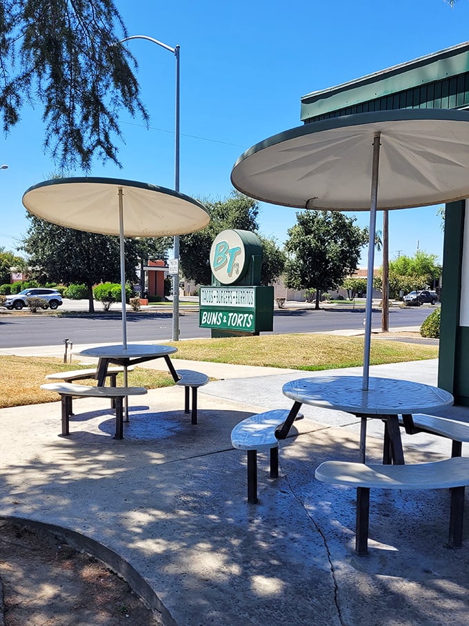 Shaded outdoor seating where you can savor your meal while soaking up California's beautiful Central Valley sunshine.