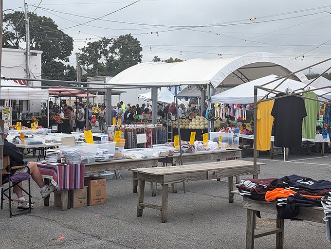 The white canopy creates a bazaar atmosphere where shoppers can hunt for bargains protected from Pennsylvania's unpredictable weather, rain or shine.