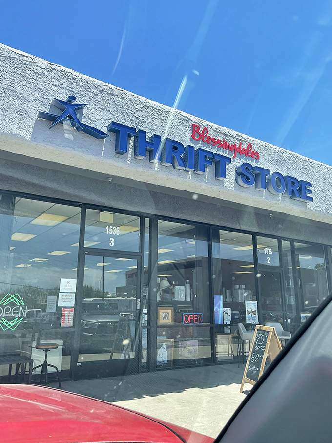 The desert sun highlights Blessingdales' unassuming exterior—proof that in thrifting, as in life, it's what's inside that counts.
