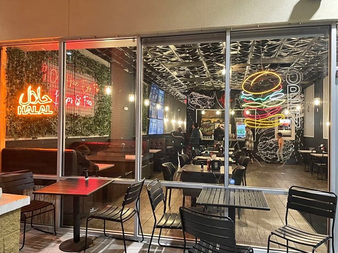 The glowing halal sign in the window isn't just certification—it's a beacon for burger lovers seeking authentic flavor.