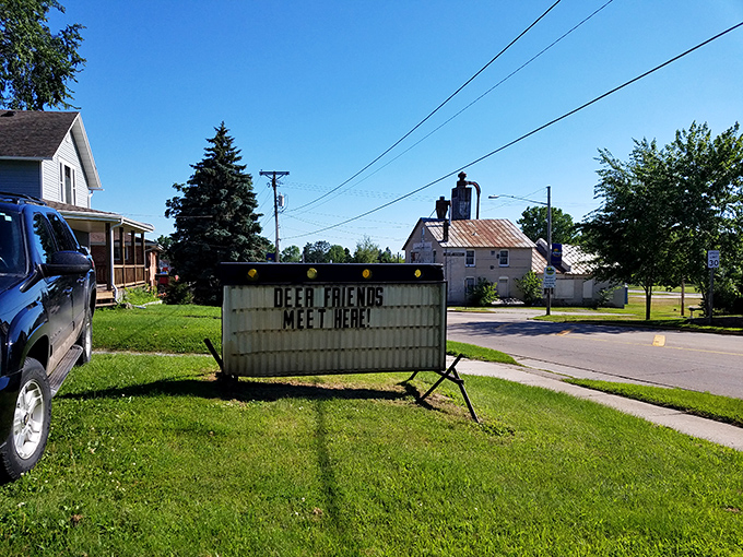 "Deer Friends Meet Here"—the roadside sign says everything you need to know about Antlers' welcoming atmosphere and the pun-loving spirit of Wisconsin.