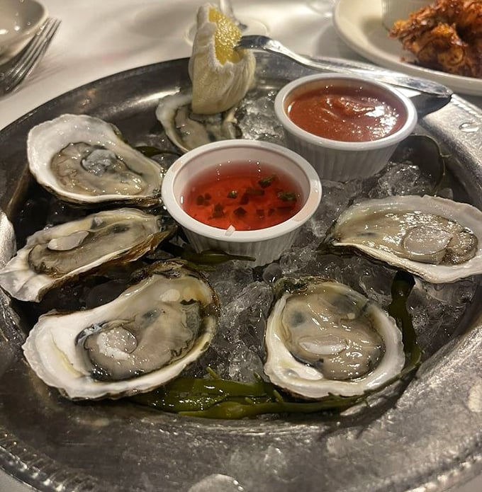 Fresh oysters glistening on ice like treasures from Neptune's vault. Two dipping sauces because one simply wouldn't do these beauties justice.