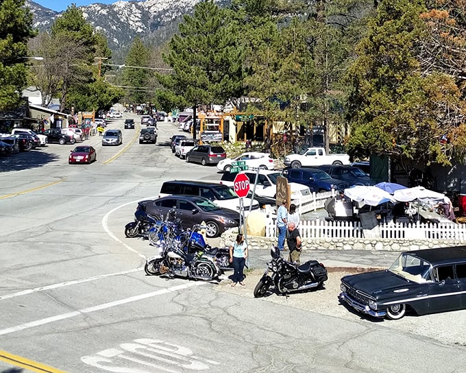 Motorcycles and classic cars line Idyllwild's main street – weekend adventurers drawn to the mountains like metal filings to a magnet.