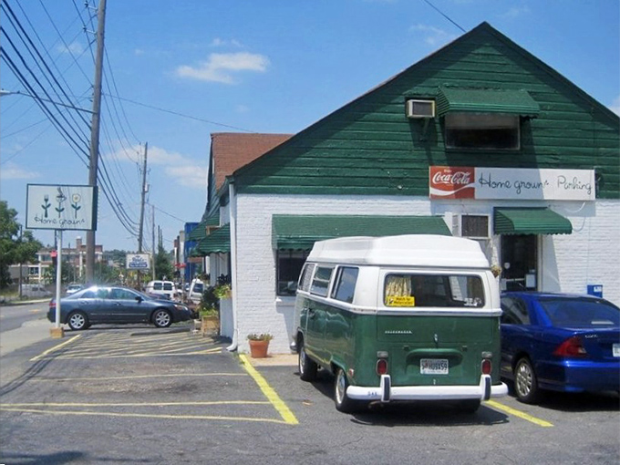 Even the parking lot has character—that vintage VW van isn't decoration, it's a regular who knows where to find breakfast bliss.
