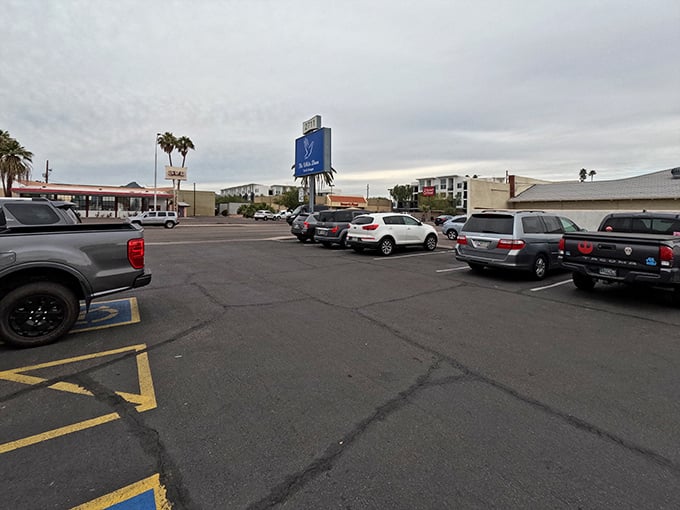 The diverse parking lot tells its own story – luxury sedans park alongside practical pickups, united by the universal thrill of the bargain hunt.