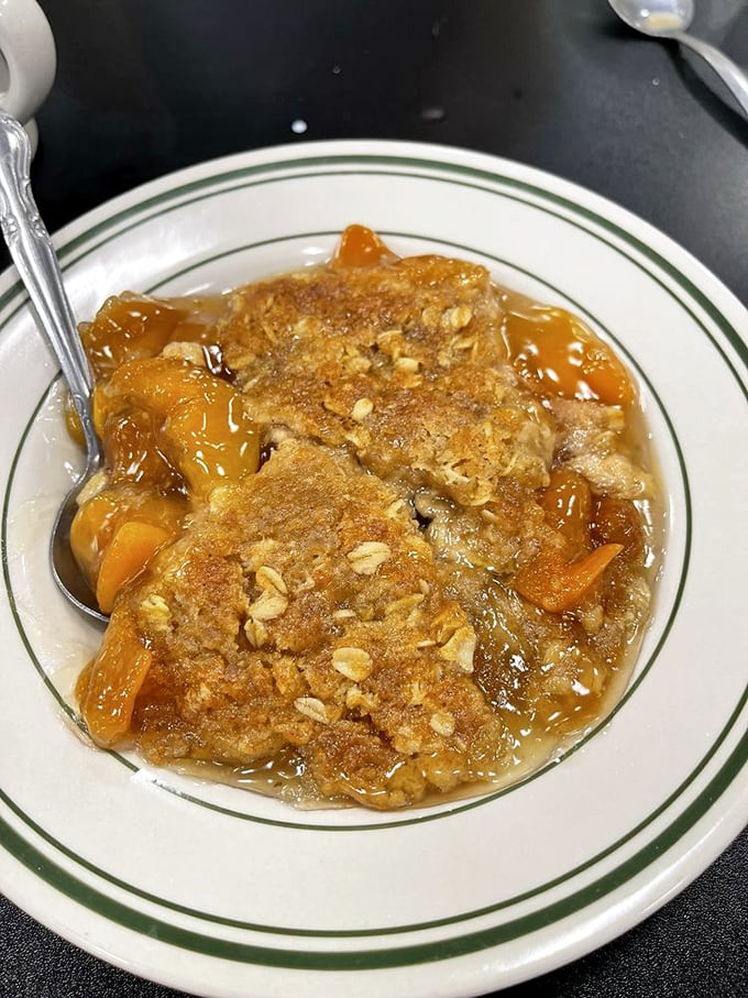 Warm peach crisp with golden oat topping and bubbling fruit – the kind of dessert that makes you wish you had room for seconds.