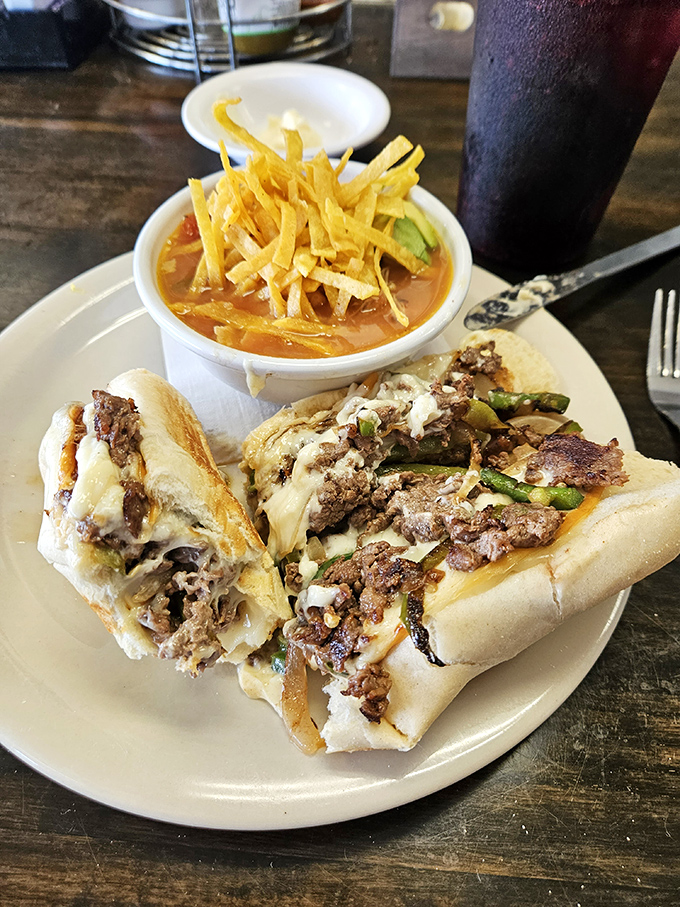 A Philly cheesesteak that would make even the most devoted Eagles fan nod in respect, paired with soup that's clearly not an afterthought.