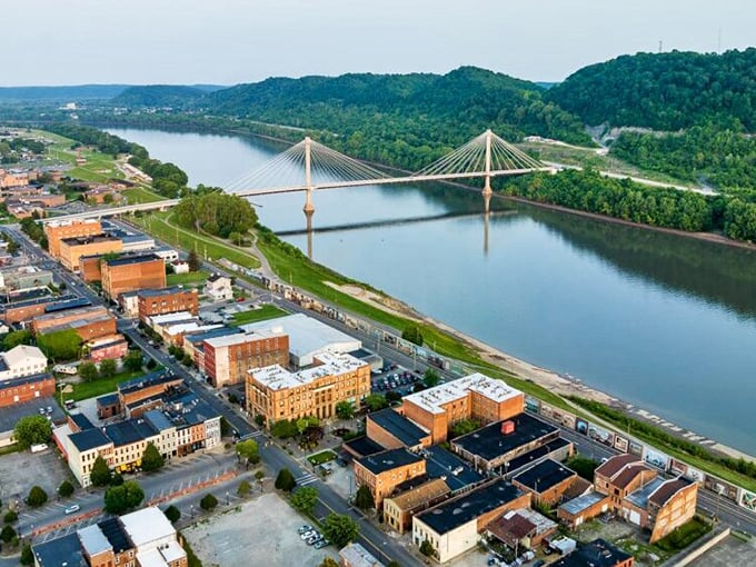 From above, Portsmouth reveals its perfect positioning between rolling hills and the mighty Ohio River, connected by the graceful cable-stayed bridge.