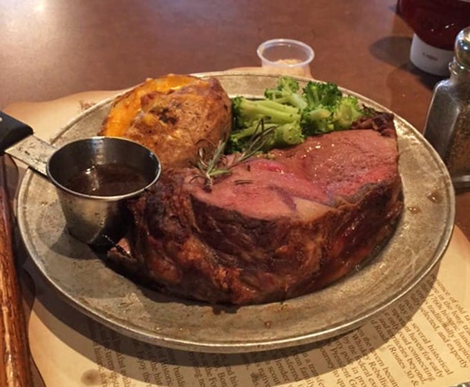 Prime rib cooked so perfectly it would make Benjamin Franklin add "meat mastery" to his list of American virtues—served with a baked potato that's having its own moment of glory.