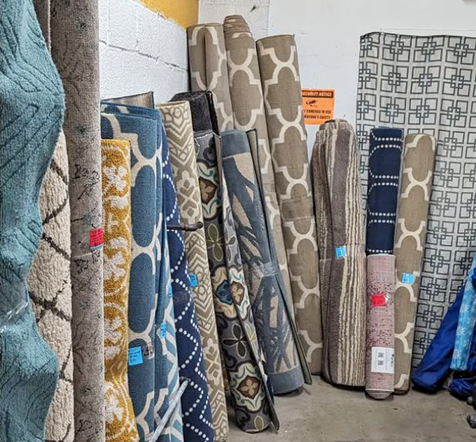 The rug section—where floor coverings with past lives await adoption. That geometric pattern has seen some dance moves in its day!