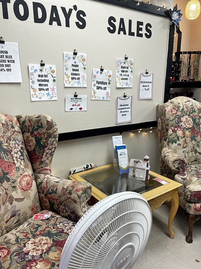 The sales board—a thrilling lottery for thrift enthusiasts where today's discounts might mean that floral wingback chair finally comes home with you.
