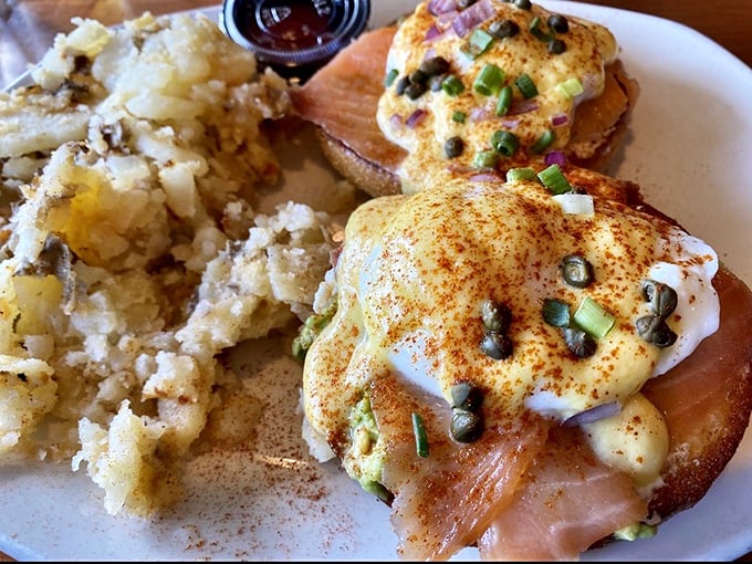 Salmon Benedict that makes ordinary eggs Benedict hang its head in shame—perfectly poached eggs atop smoky salmon and English muffins.