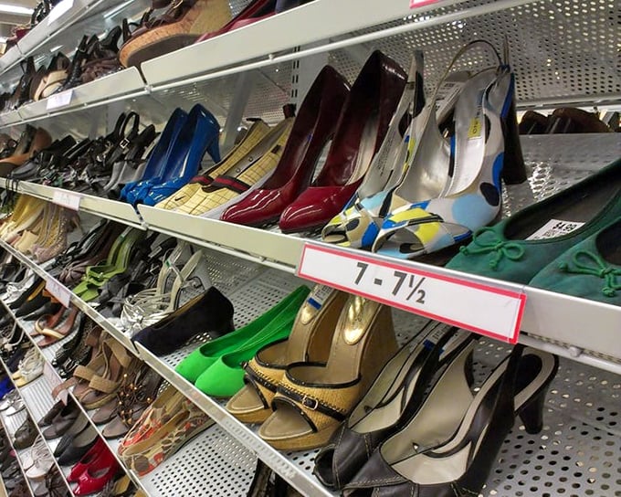 The shoe department: where Cinderella would have multiple options for her happily-ever-after. Size 7-7½ heels await their next dance floor debut.
