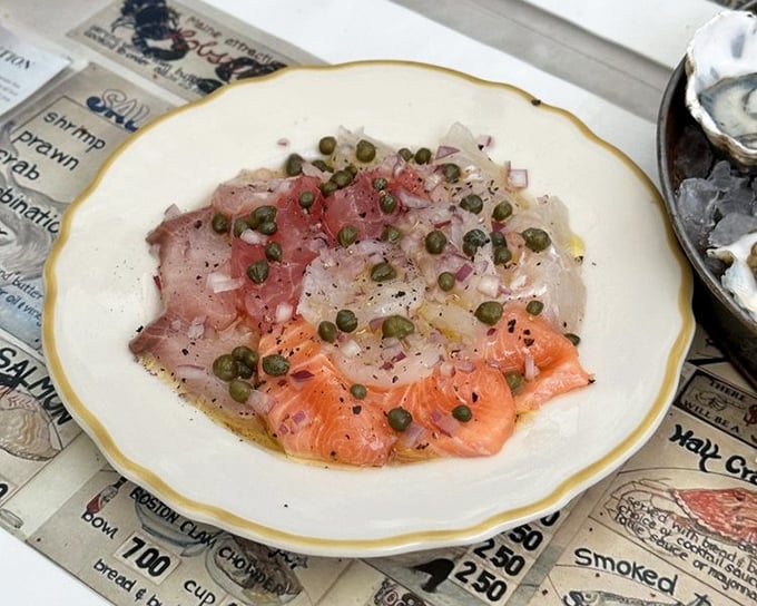 Raw fish gets the royal treatment with capers and onions – Sicily meets San Francisco in perfect harmony.