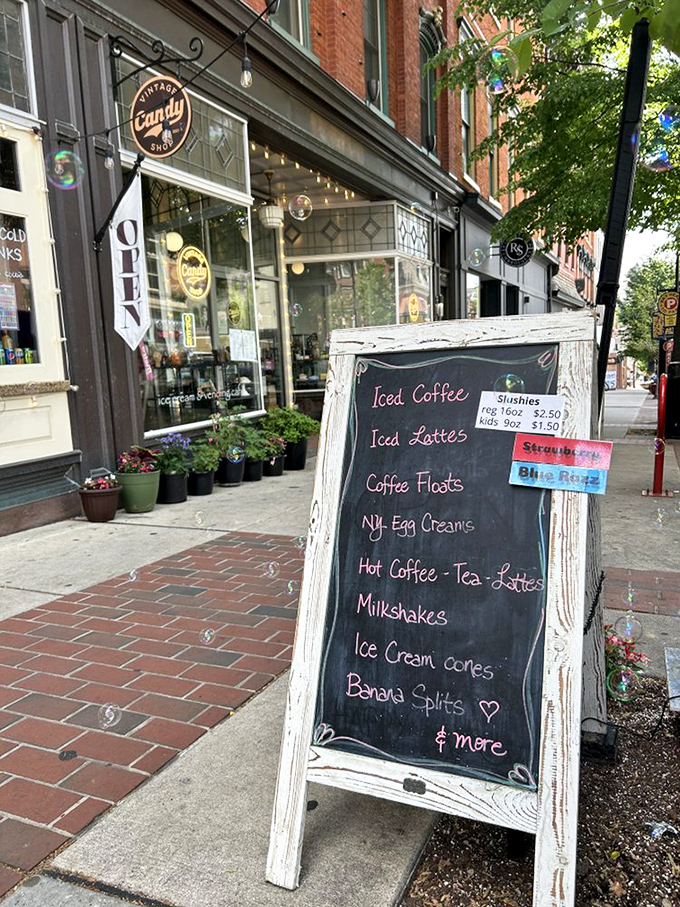 A chalkboard menu of liquid happiness. Coffee floats, milkshakes, and slushies – proof that Lancaster knows how to drink dessert properly.