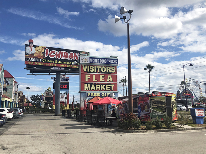 Blue skies frame the entrance to this Kissimmee institution, where "FREE" promises on the sign are just the beginning of the deals inside.