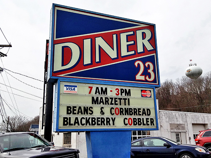 The marquee sign announces daily specials like a town crier. Marzetti, beans and cornbread, blackberry cobbler—the holy trinity of Ohio comfort.