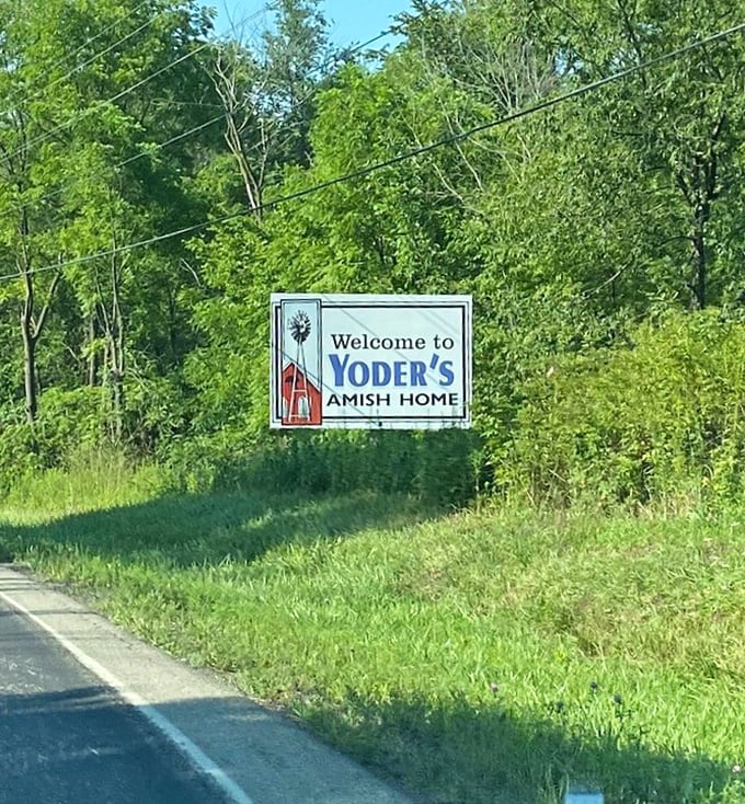 The roadside sign doesn't need neon or digital displays—in Amish Country, simplicity cuts through the noise better than any flashy advertisement ever could.