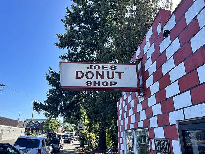 The Joe's Donut Shop sign against the Oregon sky is like a lighthouse for the sugar-deprived, guiding hungry souls to safe harbor.