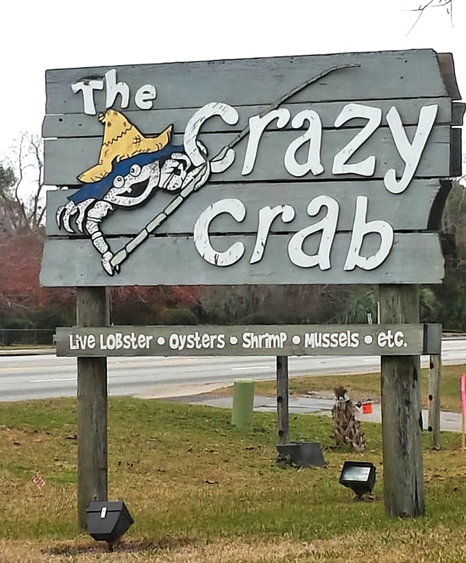 The whimsical crab mascot welcomes seafood pilgrims with a fishing pole and a promise of "etc."—which in seafood terms means endless deliciousness.
