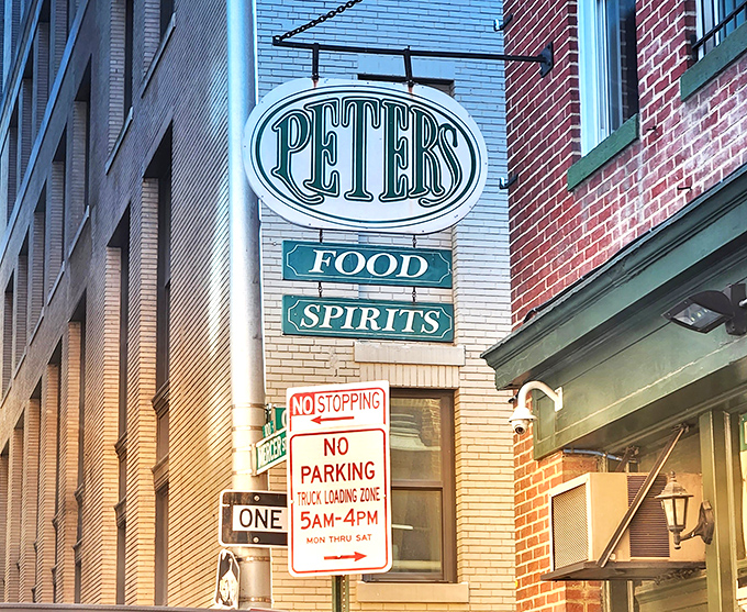 The iconic Peter's sign has guided hungry travelers to this corner of Baltimore for generations—a beacon of culinary hope in the city landscape.