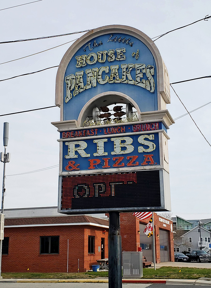 Not just a sign—it's a promise of pancakes, with bonus offerings of ribs and pizza for those who somehow still have room.