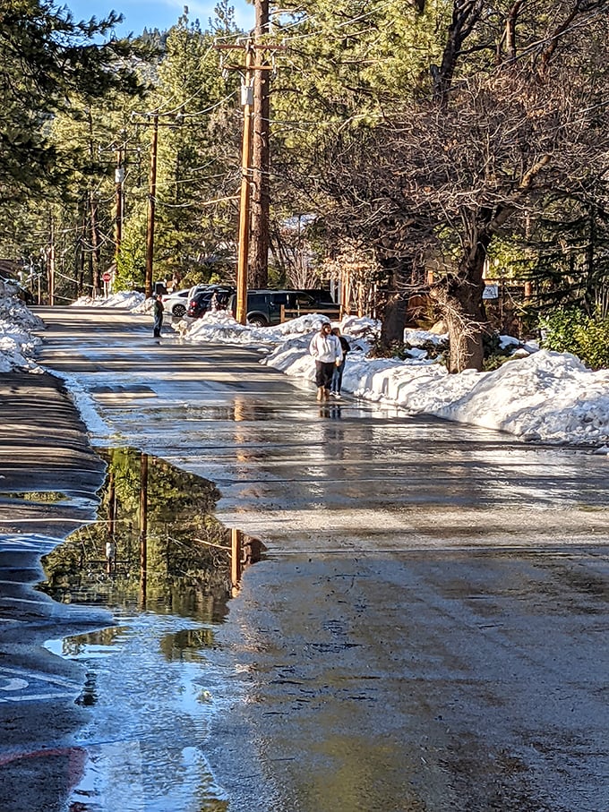 Winter's melting embrace creates impromptu reflections on Idyllwild's streets – nature's way of doubling the beauty for observant visitors.