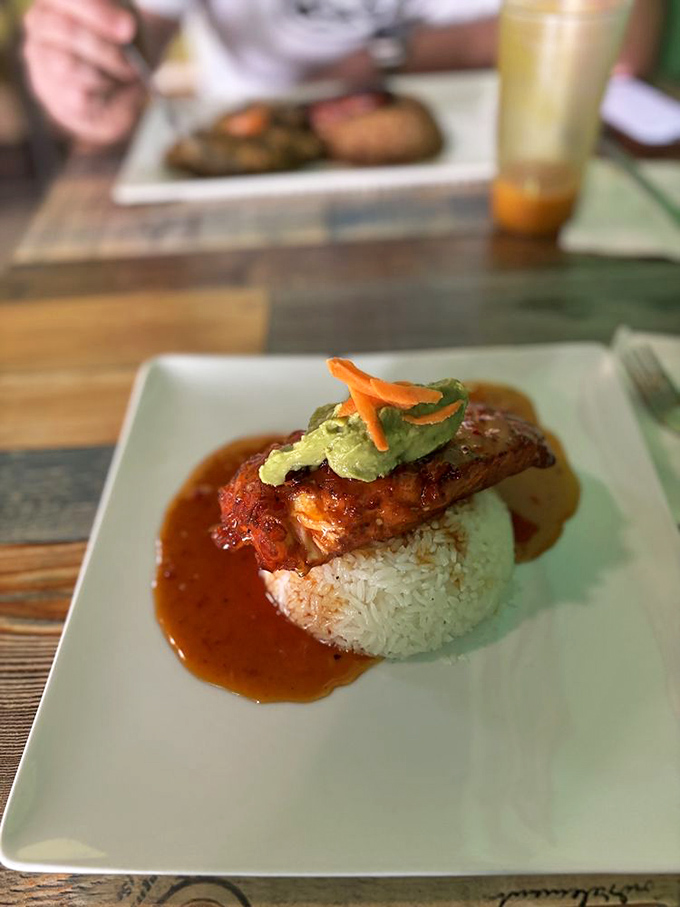 This isn't just salmon—it's a perfectly cooked fish throne atop a rice kingdom, crowned with avocado and surrounded by a moat of sauce worthy of royalty.