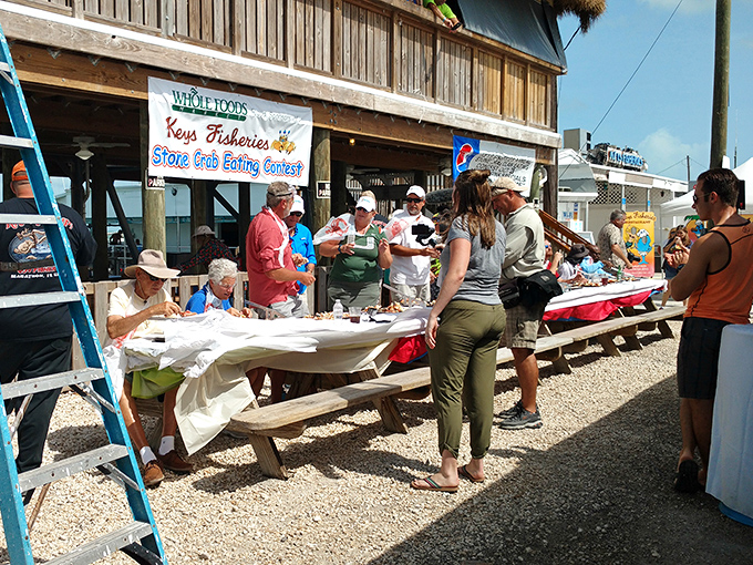 The stone crab eating contest—where seafood passion becomes competitive sport. In the Keys, cracking claws is serious business worth celebrating.