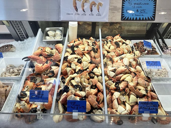 Stone crab claws arranged like edible art. Nature's perfect design meets Sea Salt's perfect presentation—crack, dip, and prepare for bliss.