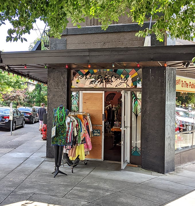 Magpie's storefront stands as a colorful rebellion against boring retail architecture. Those string lights aren't decoration—they're a beacon for the fashion adventurous.