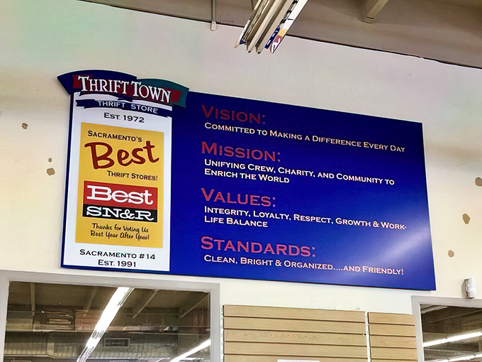 Mission statement that proves this place takes thrift shopping seriously – clean, organized, and genuinely friendly. 