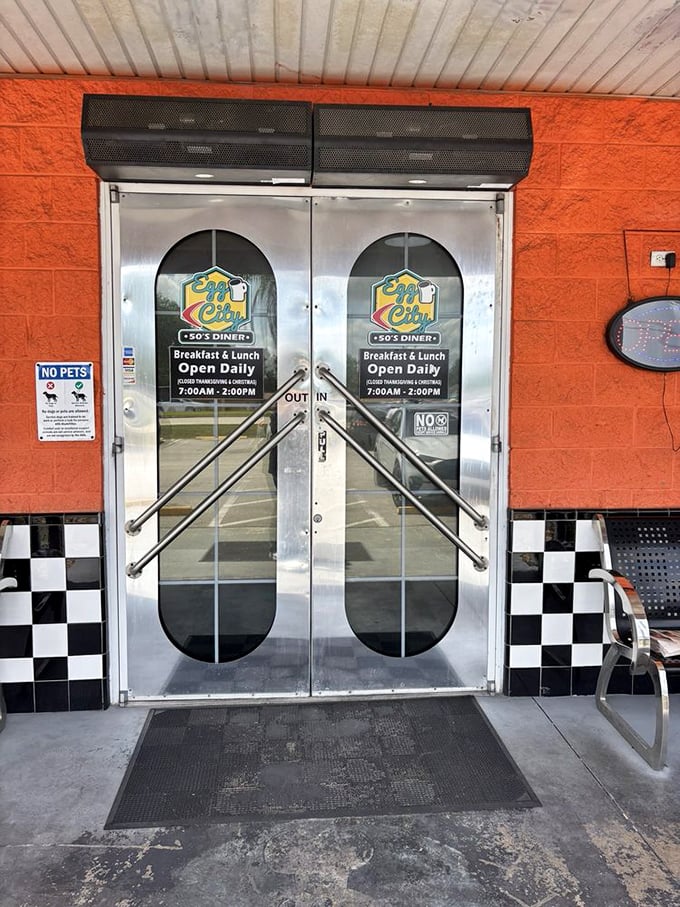 Those doors don't just lead to breakfast—they're a portal to a simpler time when diners ruled and eggs were king. Open daily for your time-traveling convenience.