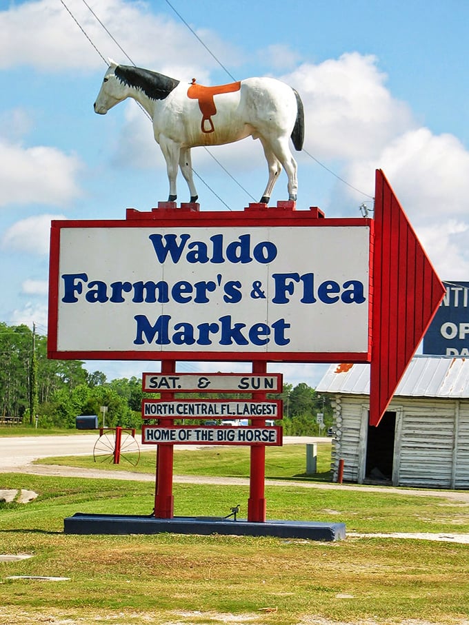 "Home of the Big Horse" isn't just a slogan – it's literal truth, as the white stallion stands eternal watch over bargain hunters below.