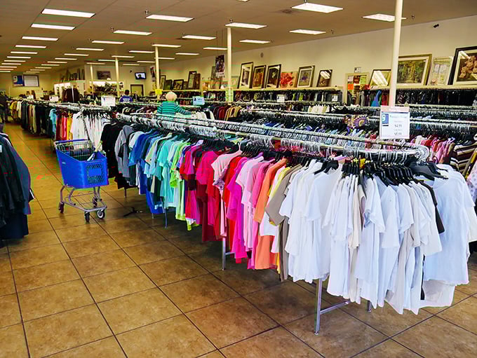 The t-shirt section—a kaleidoscope of colors where vintage band tees and designer castoffs create the ultimate treasure hunt.