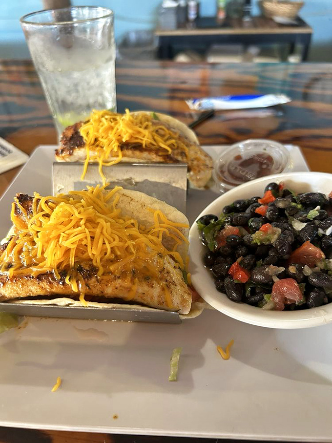 These blackened mahi-mahi tacos with black bean salad aren't just lunch—they're what other lunches dream of becoming when they grow up.