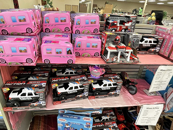 New toys in their original packaging – the thrift store unicorn that makes you wonder if someone's grandmother bought doubles or if Santa was overly generous.