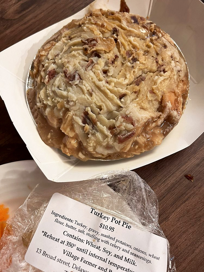 Turkey pot pie that makes Thanksgiving jealous. The handwritten label feels like a personal invitation to comfort food nirvana.