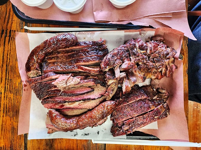 A barbecue platter that serves as both a meal and an educational experience in Texas smoking techniques. Your cardiologist just felt a disturbance in the Force.
