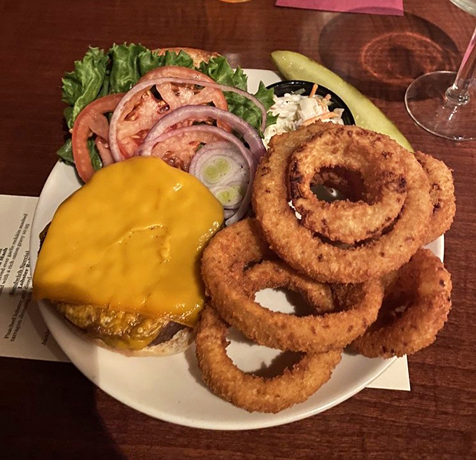 A burger that proves comfort food doesn't need to come from an animal. Paired with those golden onion rings, it's a plate that satisfies without compromise.